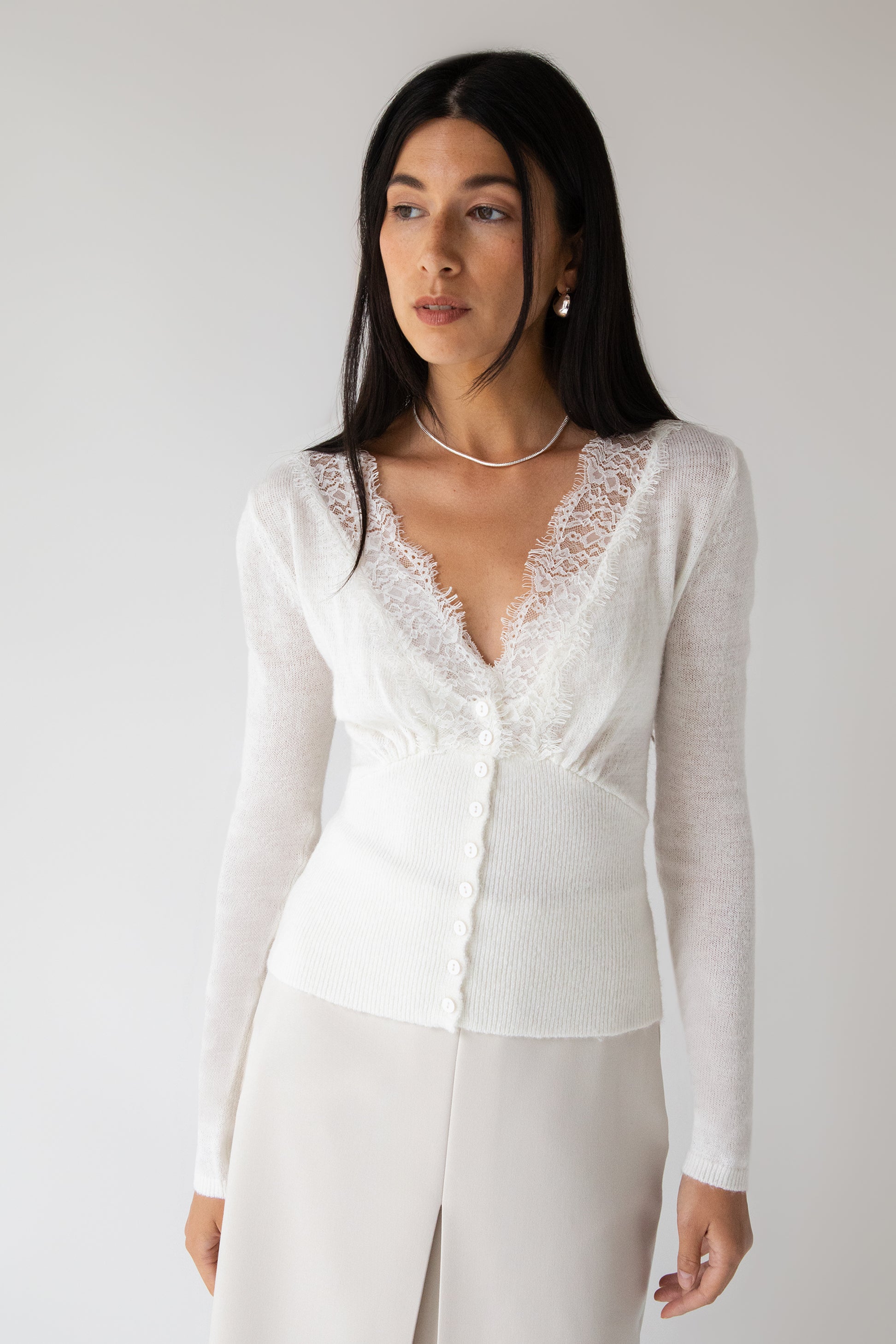 V-Neck Lace Trim Button Front Cardigan | OAK + FORT – OAK + FORT USA